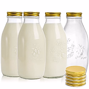 ZOOFOX 4 Pack 32 oz Glass Milk Bottles with 8 Metal Screw On Lids, Vintage Milk Container for Refrigerator, Reusable Dairy Drinking Containers for Almond Milk, Yogurt, Smoothies, Maple Syrup, Jam