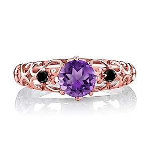 Gem Stone King 1.11 Ct Round Purple Amethyst Black Diamond 18K Rose Gold Plated Silver Ring (Size 5)