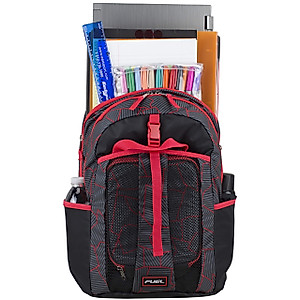 FUEL Backpack with Lunchbox Combo, Perfect for School, Two Compartment, Water Resistant, Durable, Side Water Bottle Pockets - Black/Poppy Red/Geometric