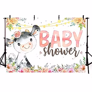MEHOFOTO Pink Cow Baby Shower Party Photo Studio Booth Background Props Farm Animal Floral Girl Baby Shower Party Decoration Banner Backdrops for Photography 7x5ft