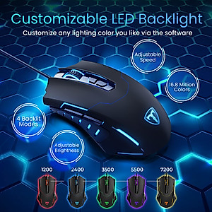 ZHXH Gaming Mouse Wired, Ergonomic Programmable Gaming Mice with 16 Million Colors Backlight, 7 Buttons, 5 DPI Settings Up to 7200 DPI USB Computer Mouse for Computer Laptop PC Mac Windows-Black