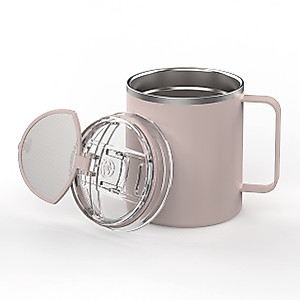 GOODBREW Camp Mug - Stainless Steel Insulated Mug with Strainer Lid | Double Wall | Comfortable Grip Handle | Perfect for Commuting, Camping or Traveling (12oz, 2 Pack) (Beige Crema)