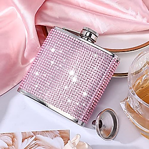 Flasks for Liquor for Women Pink Diamond,6 Oz Rhinestones Stainless Steel Hip Flask Leakproof with Funnel,Never-Lose Cap Flask