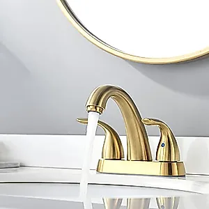 Phiestina Brushed Gold 4 Inch Centerset 2 or 3 Holes 2 Handle Bathroom Faucet, Bathroom Faucet with Copper Pop Up Drain and Water Supply Lines, BF008-5-BG