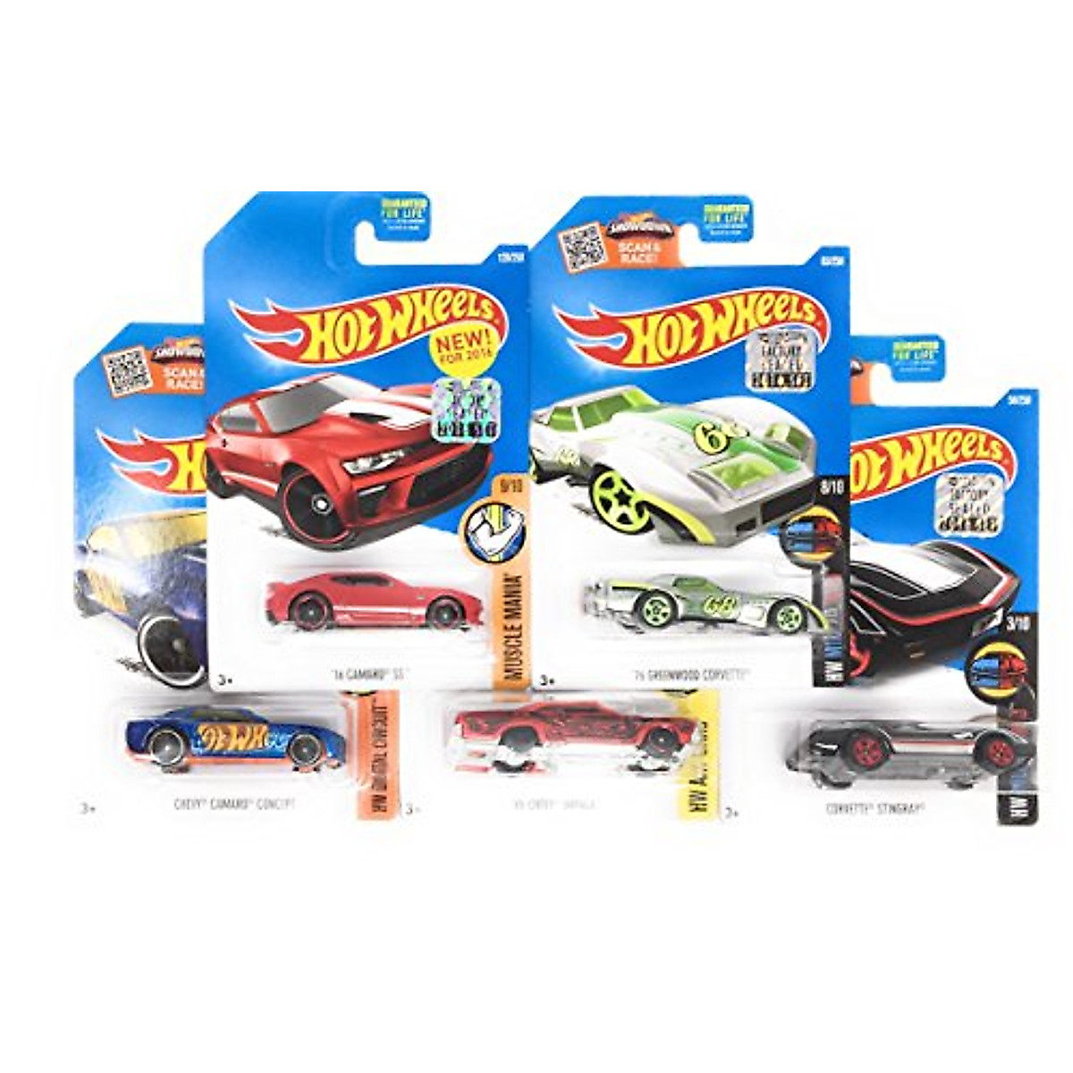 Hot Wheels Muscle Car Madness 5 Pack Random Diecast Bundle Set with Various Corvettes, Mustangs, Camaros, Chargers, GTO"s, Firebirds, Shelby, and More