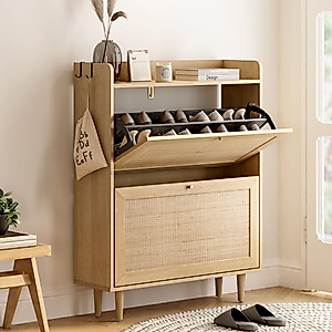 EYYTHUNG Shoe Cabinet with 2 Flip Drawers, Rattan Farmhouse Shoe Organizer, Boho Wooden Hidden Slim Narrow Shoe Rack Cabinet for Entryway, Hallway, Natural Oak