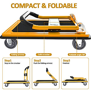 Gromay Push Cart Dolly 660lb Weight Capacity, Foldable Platform Truck,Yellow Moving Flatbed Cart with 4inch 360° Mute Wheels for Garage Garden Furniture Transport