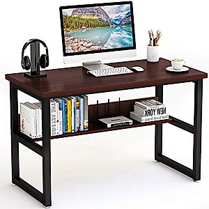 OKBOP Office Writing Desk for Home, 47'' Modern Wood Corner Desk with Storage Shelf, Small Laptop Computer Desk for Small Space, Cheap Student Study Table Notebook Workstation (Wine)