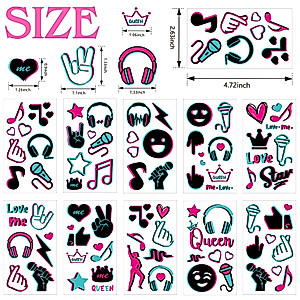 Konsait Glow in The Dark Temporary Tattoos for Kids Adults,10 Sheet Neon Music Party Body Face Tattoos Waterproof Fake Tattoos Stickers for Boys Girls Women Birthday Gifts Glow Party Favor Supplies