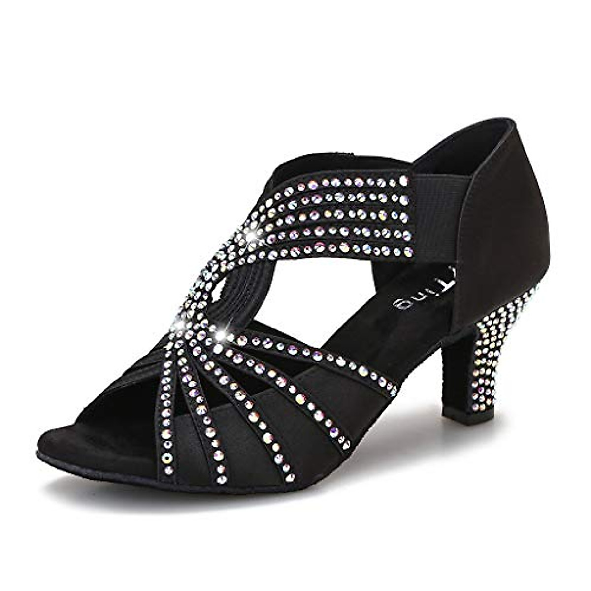 YYTing Half Rhinestones Ballroom Dance Shoes Women Latin Salsa Practice Wedding Indoor Crystals Footwear 2.5in Heels YT05(7,Black)