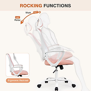 Sweetcrispy Office Computer Desk Chair, Ergonomic High-Back Mesh Rolling Work Chairs with Wheels and Adjustable Headrests, Comfortable Lumbar Support, Comfy Flip-up Arms for Home,Bedroom,Study, Pink