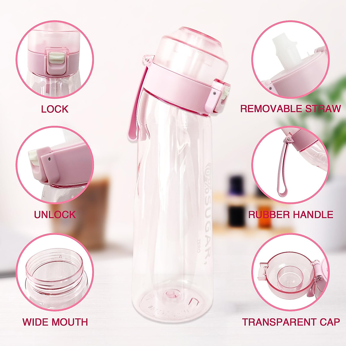 ECENUR Sports Air Water Bottle Tritan 650ml Starter up Set Drinking Bottles with 7 Flavour Pods Scented for Flavouring 0 Sugar, 0 Calorie (Pink)