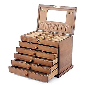 ZZYINH AN207 Solid Wood Six-Layer Jewel Box Large Capacity with Lock Retro Eardrop Earrings Necklace Jewelry Gift Small Jewelry (Color : Black)