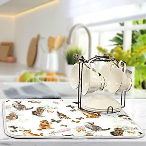 JUMBEAR Cat Butterflies Dish Drying Mat Absorbent Reversible Dish Drainer Pad Tableware Mat for Kitchen Countertop Home Decoration, 16 x 18 Inch