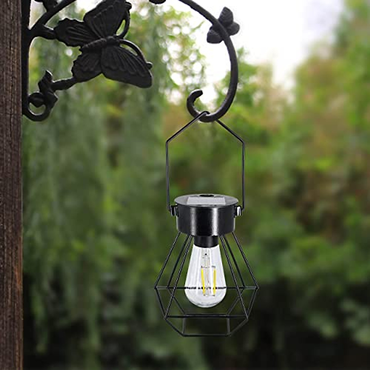Hanging Solar Lanterns Outdoor Decor - 2 Pack Solar Decorative Table Lights with Edison Bulbs for Patio Waterproof (Black)