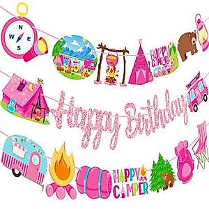 Happy Camper Birthday Party Banners Girls Camping Birthday Decorations 2PCS Happy Camper Party Decorations Camping Party Decoration for One Happy Camper Baby Shower Supplies