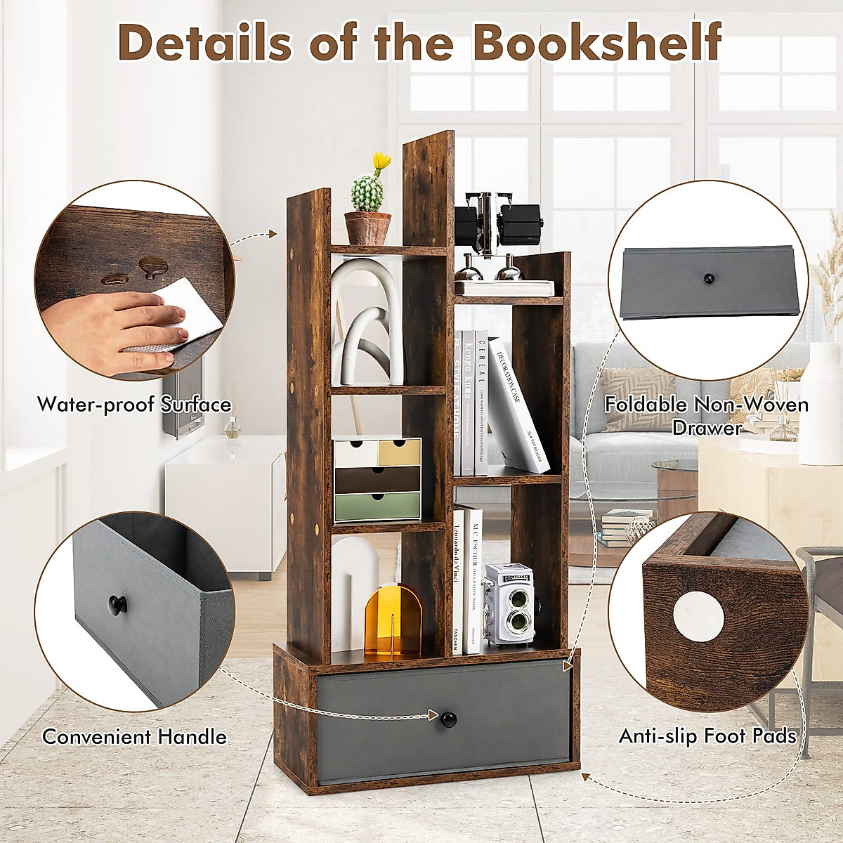 LOKO Rustic Bookshelf with Drawer, Industrial 3 Shelf Bookcase with Anti-toppling Device and 7 Open Compartments, Freestanding Vintage Wooden Book Shelf for Bedroom, Living Room (Rustic Brown)