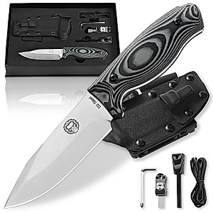 Survival Camping Knife | Fixed Blade Hunting Knife W Sheath | Gift Set For Him Knife with Fire Starter, G10 Scraper & Paracord | Bushcraft Outdoor Knife |Full Tang Tactical Survival Knife Kit