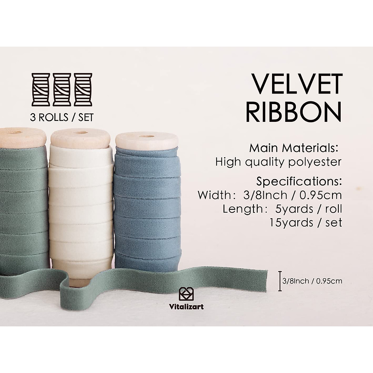 Vitalizart Velvet Ribbon Dusty Green Blue 3/8" x 15 Yd Fabric Trim 3 Rolls * 5 Yd for Christmas Wreath Decoration Craft Ornaments Gift Wrapping Bows