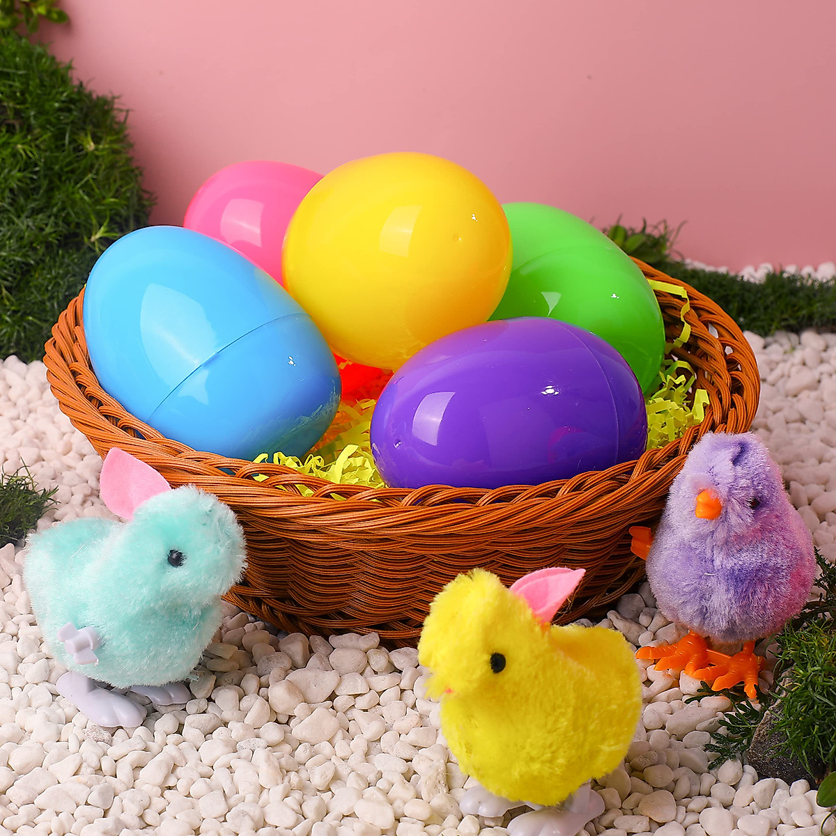JOYIN 12 Pcs Easter Eggs Filled with Wind-up Toys, Colorful Egg Wind-Up Jumping Chicks and Bunnies for Kids Basket Stuffer, Hunt, Party Favors, Classroom Prize