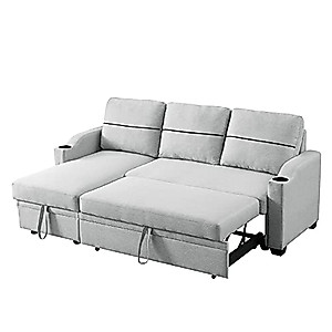 Yoglad Reversible Sectional Sofa Chaise for Living Room, Pull Out Bed Sleeper Couch with Storage, 81 inch Wide L-Shaped Couch with 2 Cup Holder, Gray Linen