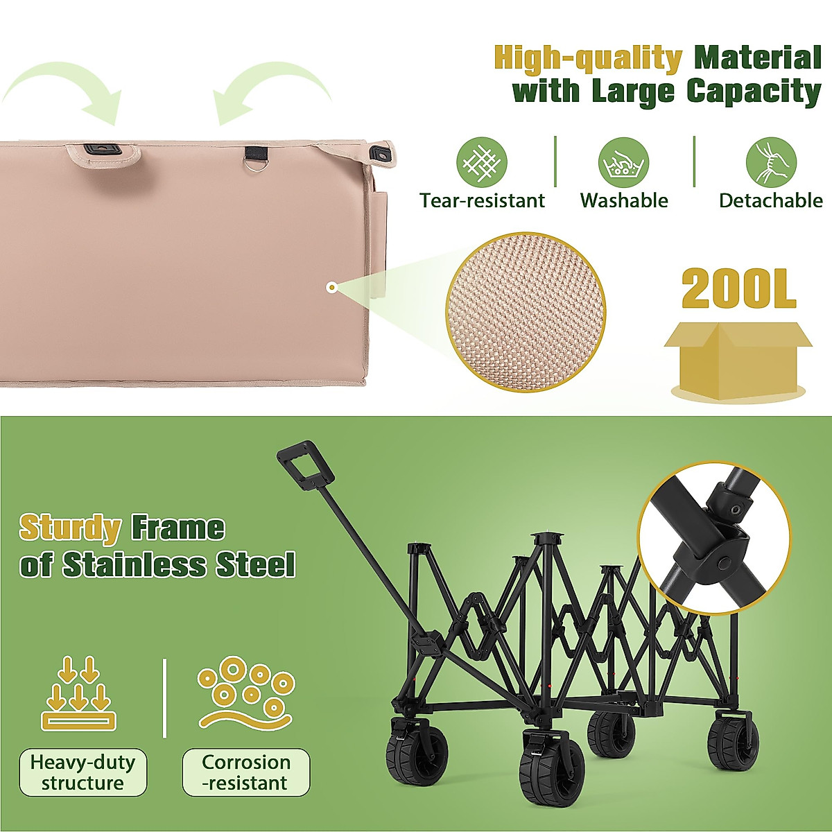 Devoko Collapsible Folding Wagon, 200L Outdoor Heavy Duty Beach Garden Wagon Cart with Big Wheels for Sand, Grocery Cart on Wheels, Beige