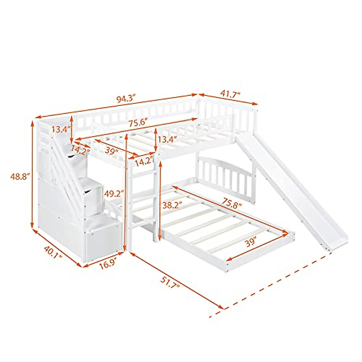 Bunk Beds with Slide Twin Over Twin Low Bunk Bed Frame with Storage Drawers Stairway Wood Bunk Bed for Kids Boys Girls, White