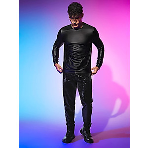 WDIRARA Men's Round Neck Long Sleeve PU Leather Sweatshirt Party Club Pullovers Black S