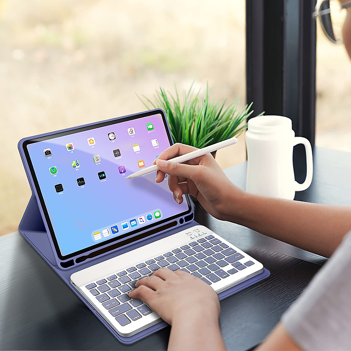 ABEIFAN iPad Keyboard Case 9.7 for iPad 2018 6th Gen, iPad Pro 9.7" 2017 5th Gen, iPad Air 2/Air, Wireless Detachable Keyboard with Pencil Holder Grey-Purple
