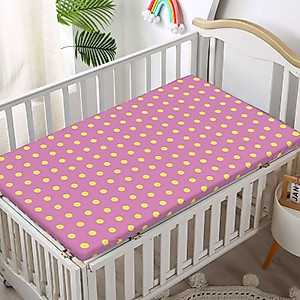 Polka Dot Themed Fitted Mini Crib Sheets,Portable Mini Crib Sheets Soft & Stretchy Fitted Crib Sheet-Baby Sheet for Boys Girls,24“ x38“,Mustard Pale Fuchsia