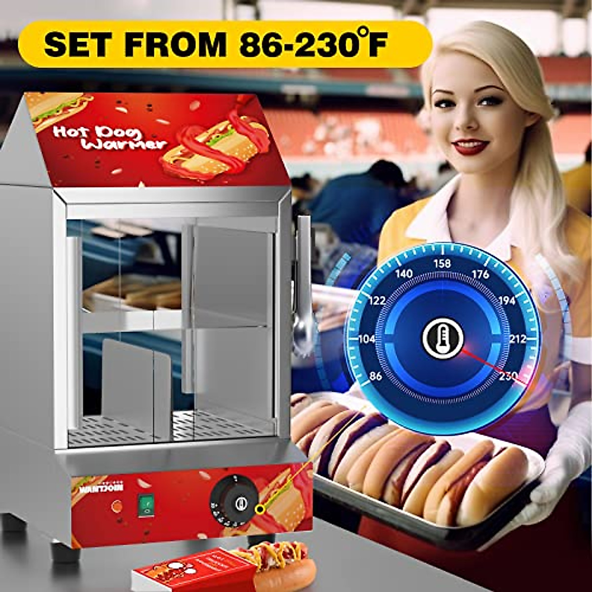 WantJoin Hot Dog Steamer, 2 Tiers Electric Hot Dog Steamer with Bun Warmer 27 L/24.52 QT, Visuable Glass Slide Doors Suit for 175 Hot Dogs and 40 Buns