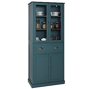 VEIKOU Kitchen Pantry Cabinets, 72" Freestanding Kitchen Pantry Storage Cabinet with Large Drawer, Traditional Tall Pantry Cabinet Cupboard with Glass Doors & Adjustable Shelves, Dark Teal
