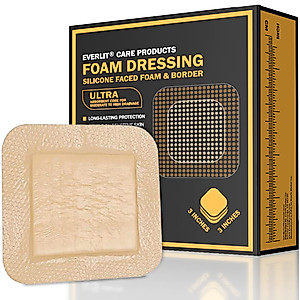 EVERLIT Silicone Foam Dressing with Gentle Adhesive Border | Sterile, Highly Absorbent, Waterproof Hydrocellular Foam Bandages | Advanced Wound Care for Bed Sores, Pressure Ulcers (3" x 3" | 10 Pack)