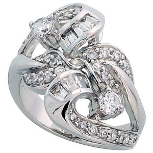 Sterling Silver Cocktail Ring, Rhodium Plated w/ 6 Baguette, 2 (3mm) & 25 Tiny Round High Quality Cubic Zirconia Stones, 3/4" (20mm) wide, size 10