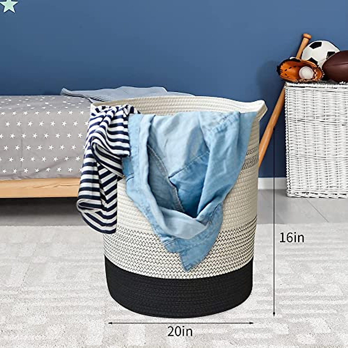 Laundry Baskets-Woven Rope Laundry Hamper with Handles, Tall Laundry Basket for Blanket Storage, for Laundry or Bedroom, Collapsible Laundry Basket Easy Storage 20"×16"-(Black)
