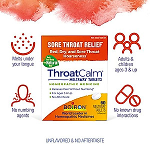 Boiron ThroatCalm Tablets for Pain Relief from Red, Dry, Scratchy, Sore Throats and Hoarseness - 60 Count