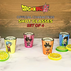 JUST FUNKY Dragon Ball Super Mini Glass Set | 2 Oz Shot Glasses Set of 4 | Featuring Trunks, Goku Black, Goku, and Vegeta Including their Super forms | Officially Licensed