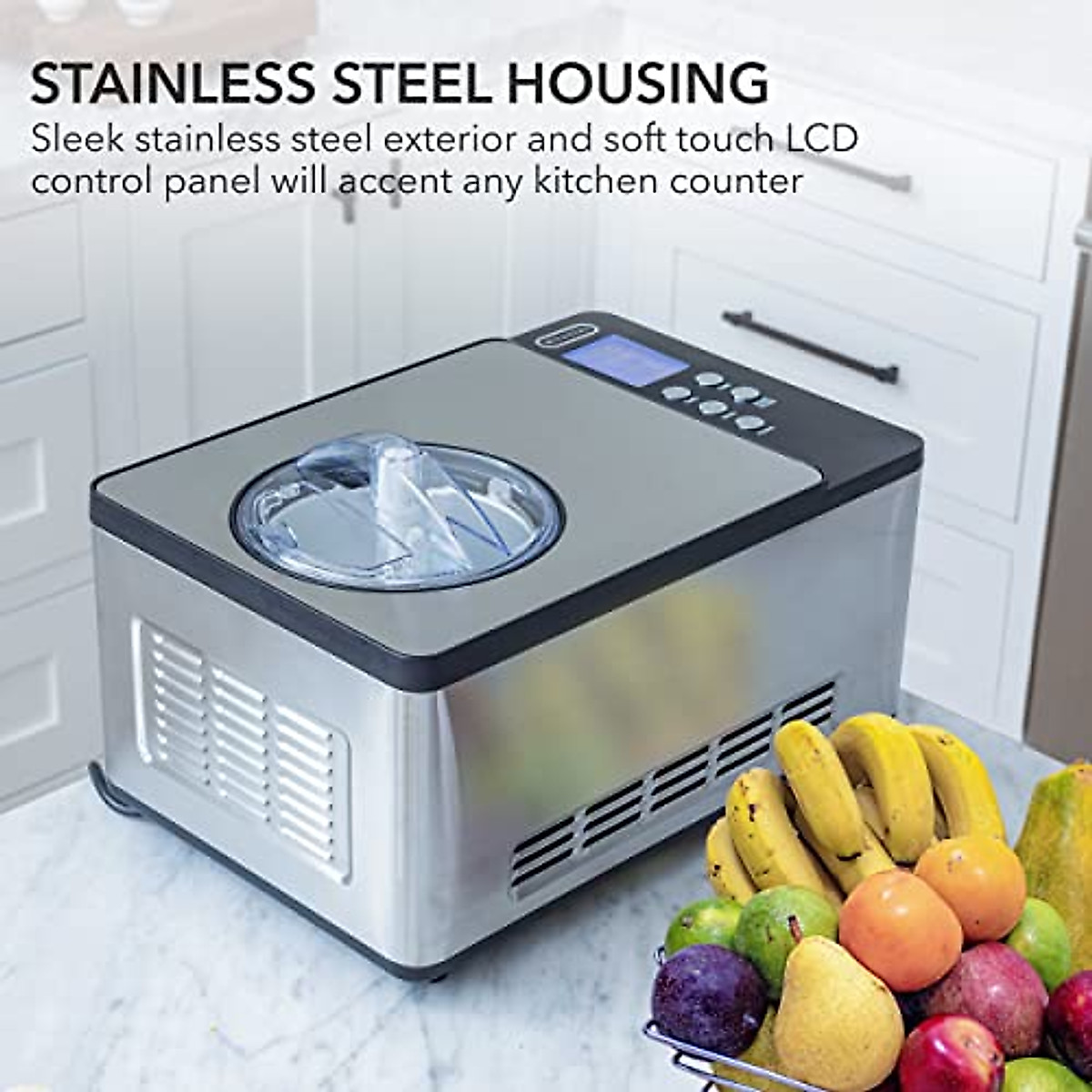 Whynter ICM-220SSY Automatic 2 Quart Capacity Stainless Steel Bowl & Yogurt Function, Built-in Compressor, no pre-freezing, LCD Digital Display, Timer, Stainless Steel-Ice Cream + Yogurt Maker