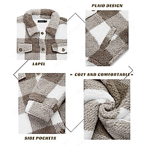 MEROKEETY Womens Plaid Long Sleeve Button Down Fleece Shacket Jackets Sherpa Teddy Coat with Pockets, Khaki, S