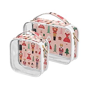 Pink Tree Nutcrackers 2 Pieces Clear Makeup Cosmetic Toiletry Bags for Women PVC Waterproof Portable Travel Storage Carry Pouch with Gold Zippers Organizer Case for Vacation Organizing Traveling