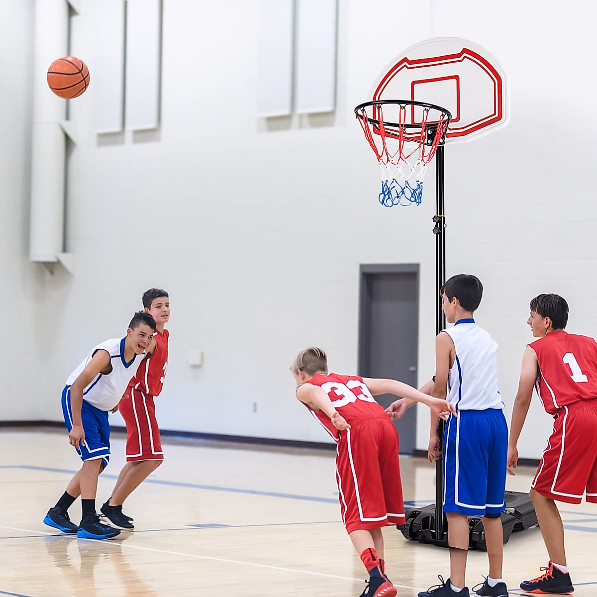 GYMAX Basketball Hoop, Outdoor Indoor 5.2-6.9 FT Adjustable Basketball Goal with Spare Net, Shatterproof Backboard, 2 Wheels, Portable Basketball Stand System for Kids Teens Adults, Gym Court Driveway