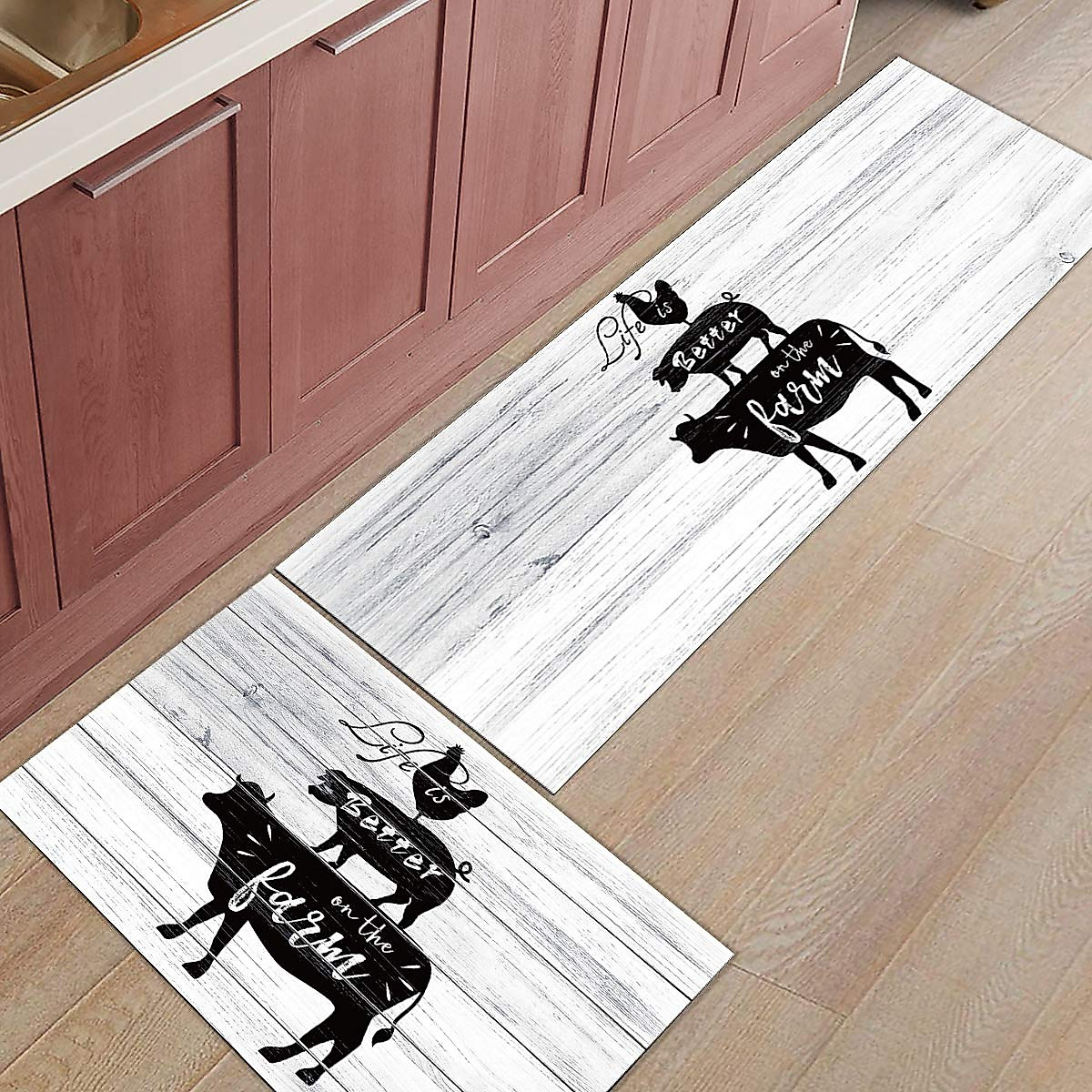 Rooster Pig Cow Kitchen Rug Sets of 2, Washable Carpet for Kitchen Floor, Non-Slip Kitchen Mat Set, Absorbent Area Rugs 15.7x23.6inch+15.7x47.2inch, Farm Animals Life Is Better on the Farm on Wooden