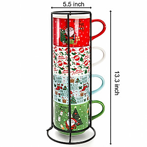 Elsjoy Set of 4 Christmas Stackable Coffee Mugs with Rack, 15 oz Christmas Coffee Mugs with Metal Stand Ceramic Mug Set, Xmas Holiday Cappuccino Cups for Cocoa, Latte, Americano
