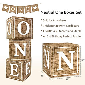 Neutral Burlap Print ONE Boxes for 1st First Birthday Decorations, Large 3Pcs Rustic Boho ONE Sign Boxes with Letters and ONE High Chair Banner
