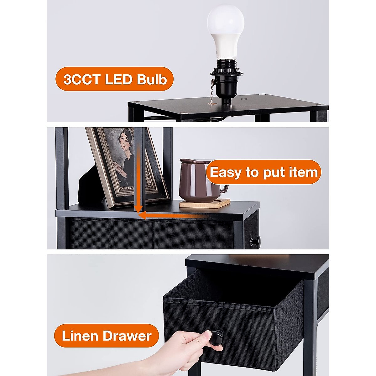 addlon Floor lamp with 2 USB, 1 Outlet and Drawer, 3 Color Temperatures LED Bulb (9W), Sofa lamp with White lampshade, Display Floor lamp with Shelves for Living Room, Bedroom and Office - Black