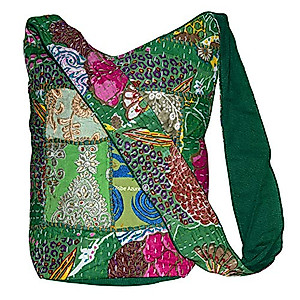 Tribe Azure Women Fashion Hobo Floral Shoulder Bag Monk Style Canvas Sling Tote Handbag Crossbody Roomy Summer Spring Chic (Green)