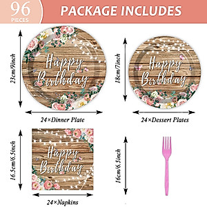 Tevxj 96PCS Pink Floral Birthday Party Plates Wood Grain Flower Tableware Set for Girls Kids Bridal Shower Party Supplies Rustic Wooden Birthday Paper Plates Napkins Forks Decorations for 24 Guests