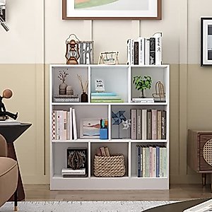 AIEGLE 8 Cube Bookcase Bookshelf, 3-Tiers Wood Cube Shelf Bookcase, Kids Bookshelf for Bedroom Living Room, White (39.4" L x 9.4" W x 40.9" H)