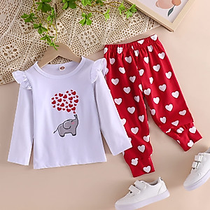 IZYJOY Toddler Baby Girls Valentine's Day Clothes Love Elephant Ruffle Long Sleeve Top Heart Printed Pant Casual Outfit Set (Red, 5-6X)