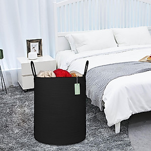 BOSROTY Large Cotton Rope Laundry Basket Hamper for Clothes 65L, Woven Storage Basket for Living Room Bedroom, Tall Rope Baskets, Blanket Basket, Baby Nursery Hamper Bin, 16”x 20”, Black